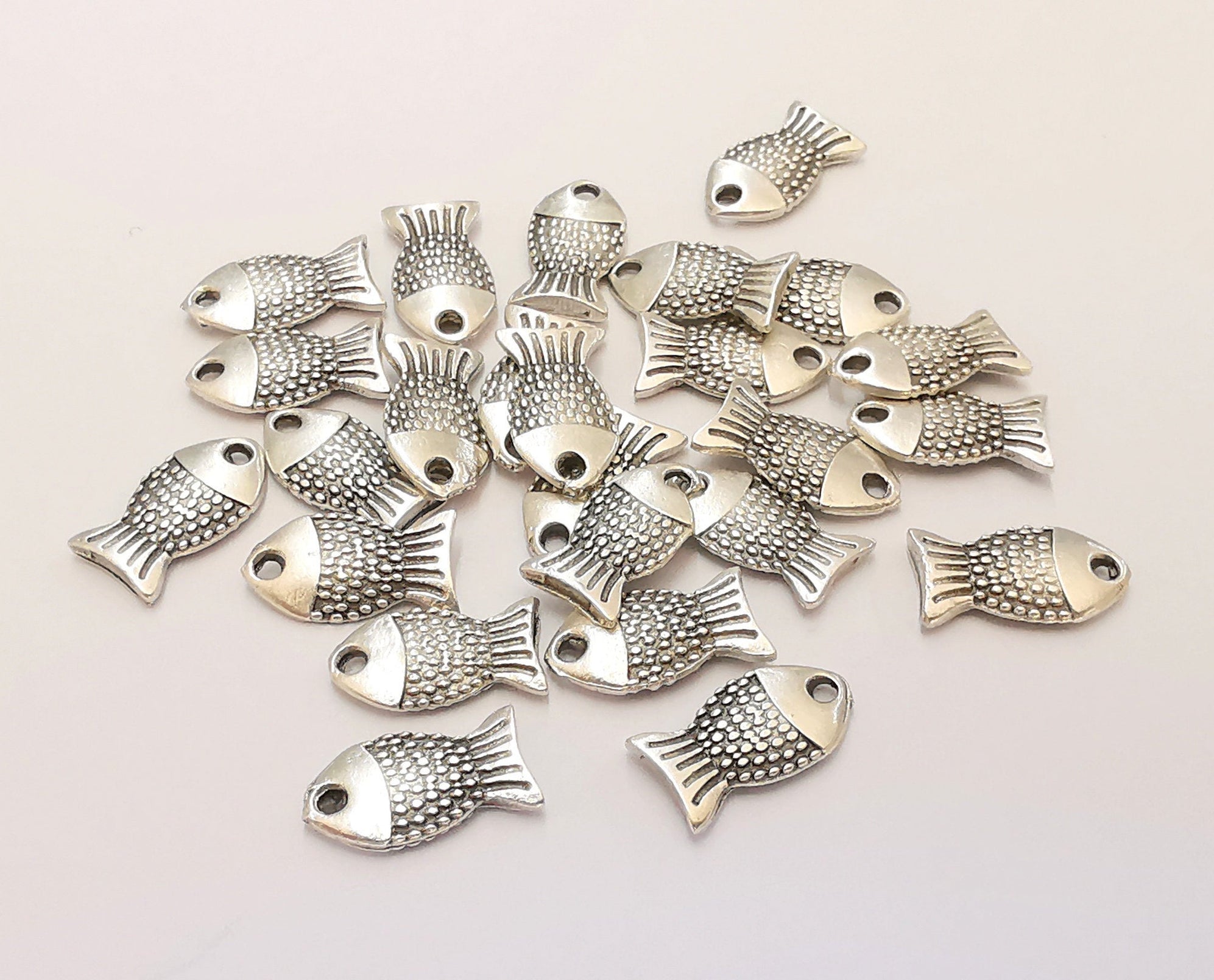 20 Fish Charms Double Sided Antique Silver Plated Charms (12x7mm) G218 ...