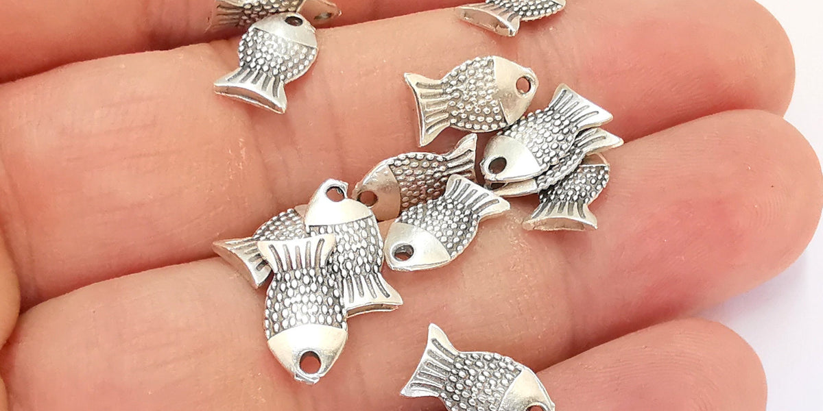 20 Fish Charms Double Sided Antique Silver Plated Charms (12x7mm) G218 ...