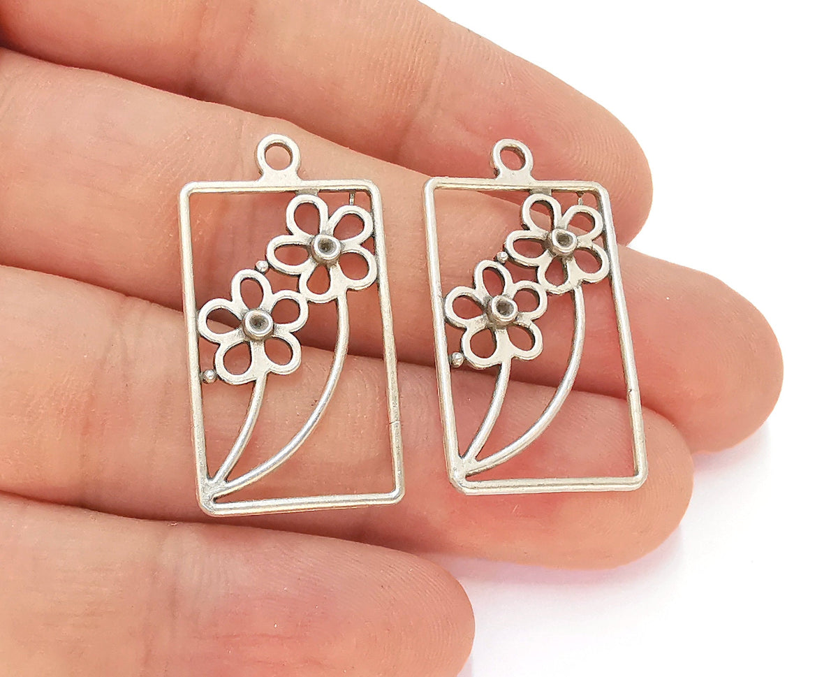 4 Flowers Frame Charms Antique Silver Plated Charms (34x18mm) G22514 ...